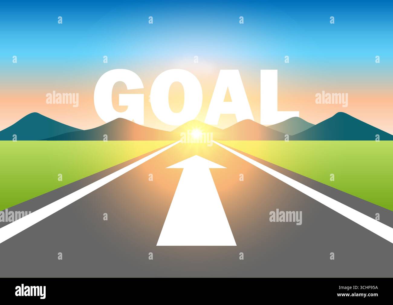 Goal. Goal written on asphalt road at Beautiful Sunrise and Mountain ...