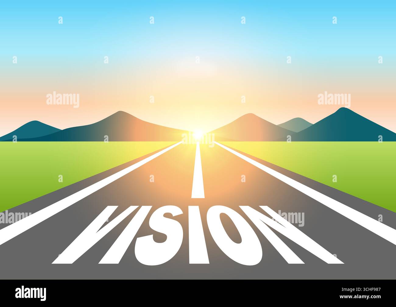 Vision. Vision written on asphalt road at Beautiful Sunrise and ...