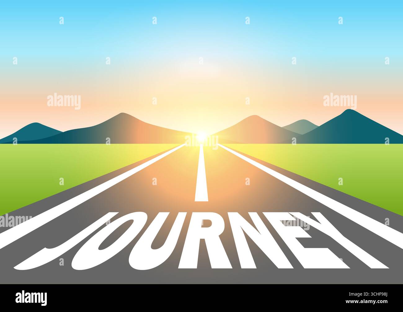 Journey. Journey written on asphalt road at Beautiful Sunrise and Mountain. Road to Journey ...
