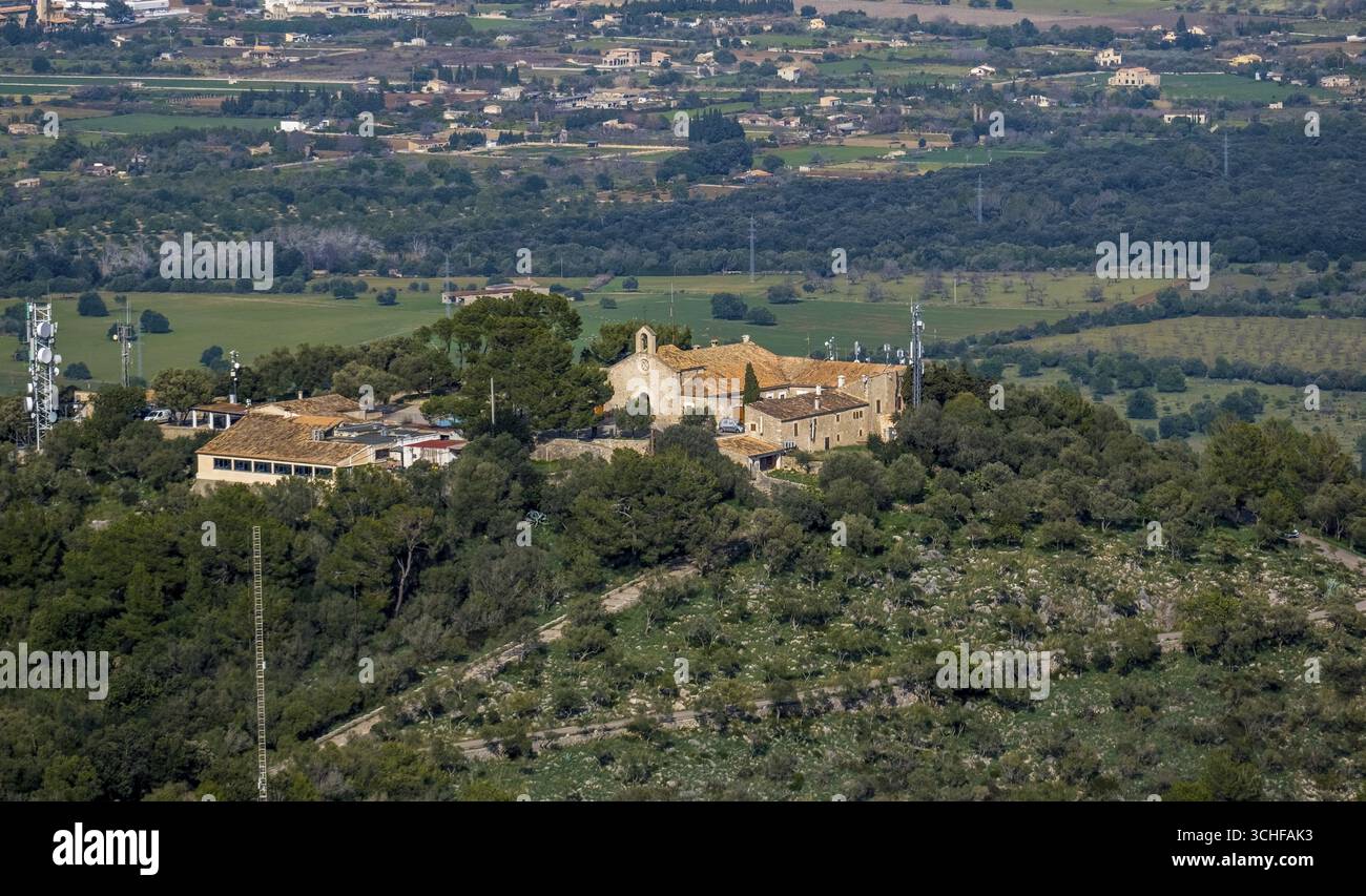 Aerial view, Puig d'Inca mountain hill, church Ermita Santa Magdalena ...