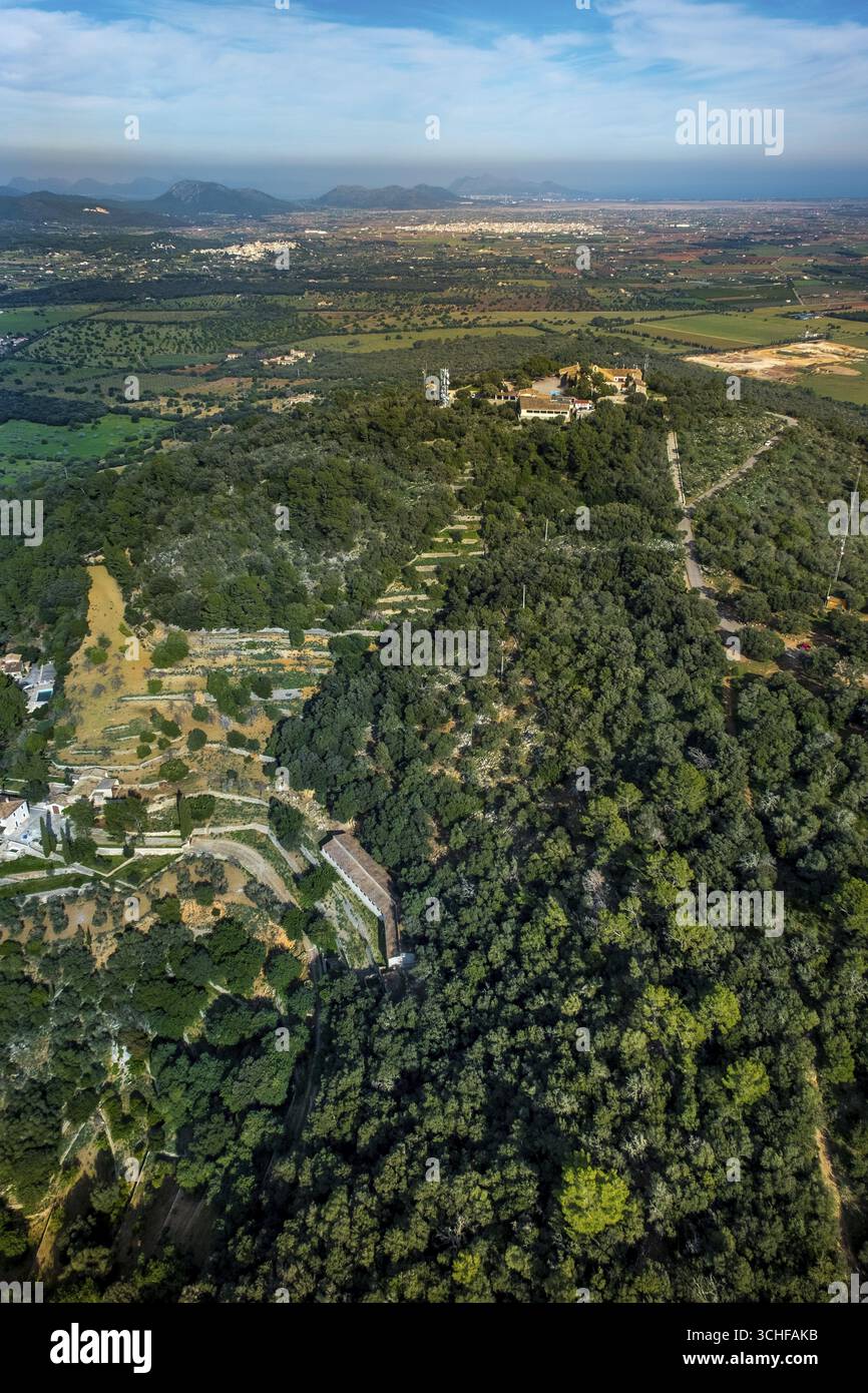 Aerial view, Puig d'Inca mountain hill, church Ermita Santa Magdalena ...