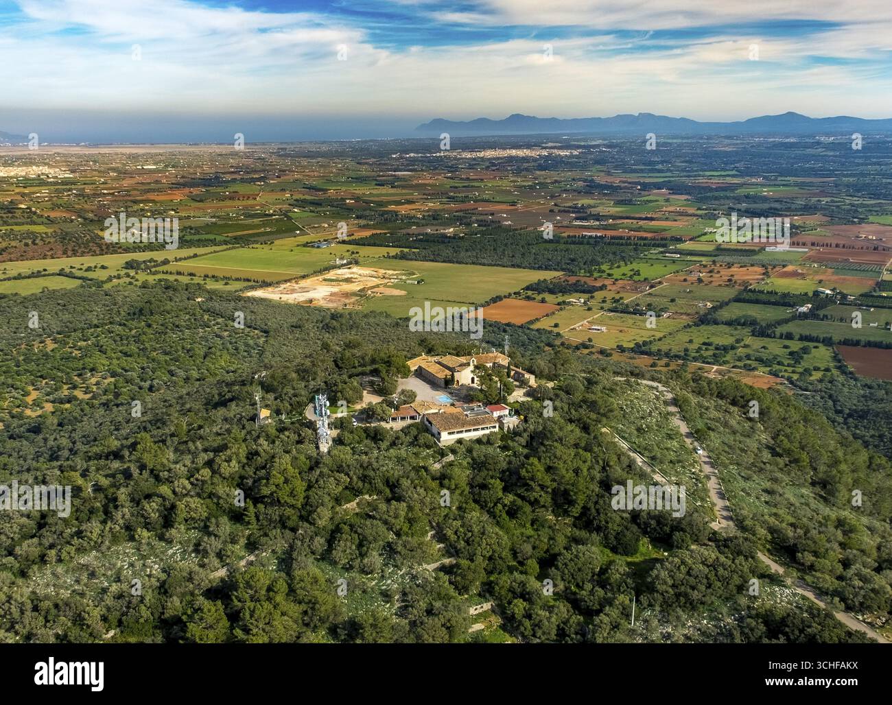 Aerial view, Puig d'Inca mountain hill, church Ermita Santa Magdalena ...
