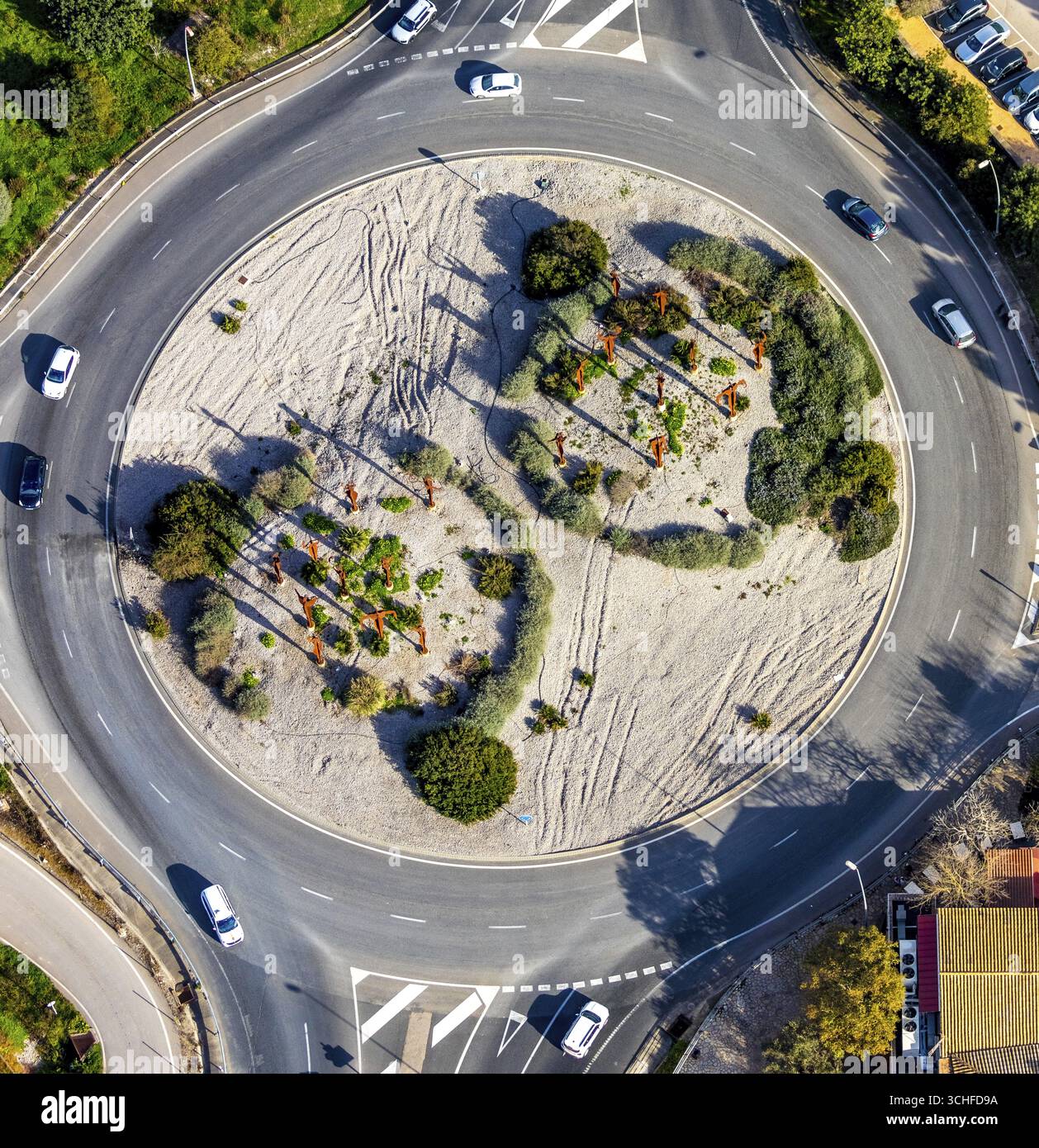 Aerial view, island, sculptures road junction roundabout, Petra ...