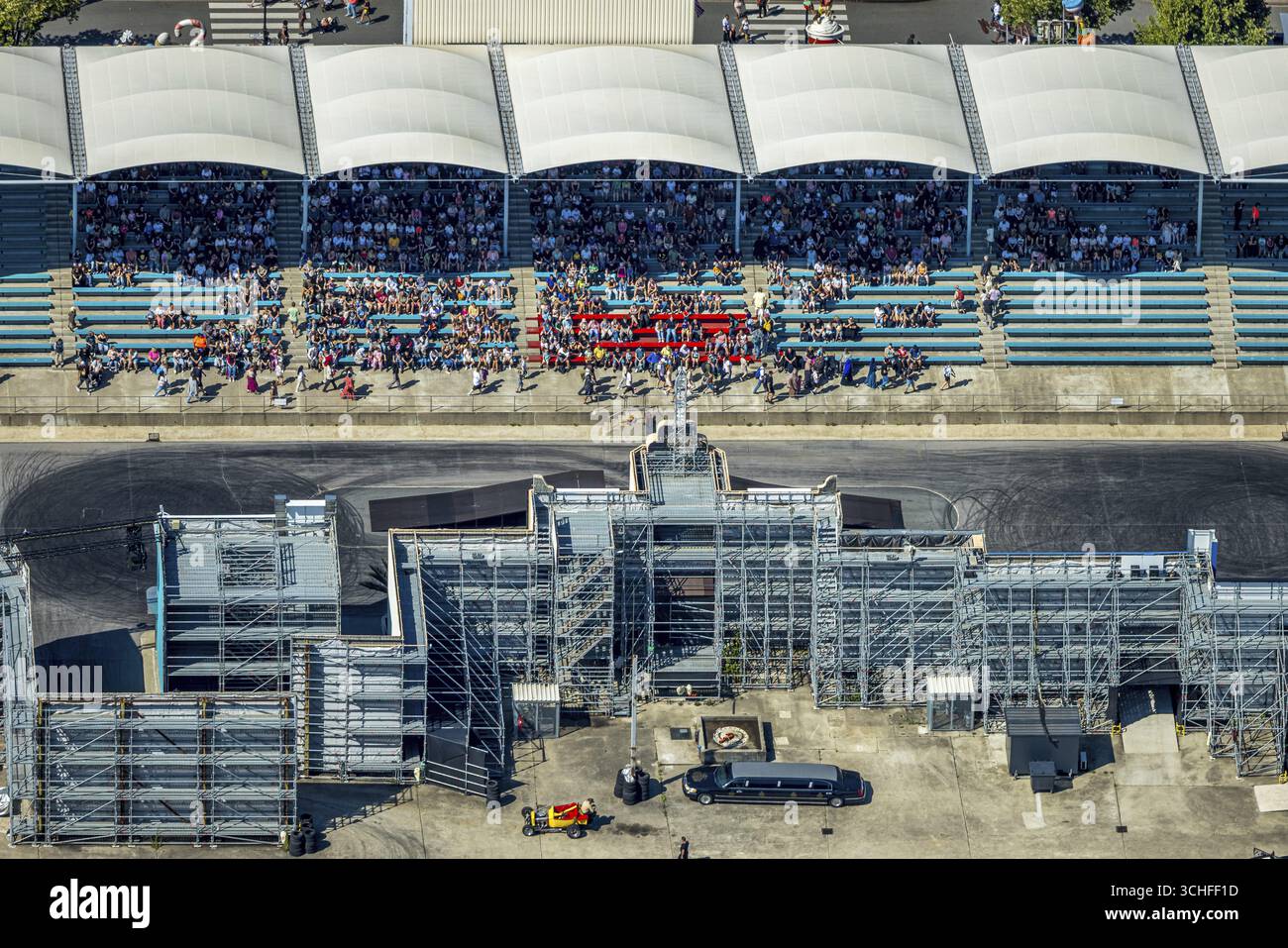 Aerial view, Movie Park Germany theme park, show with stage and ...