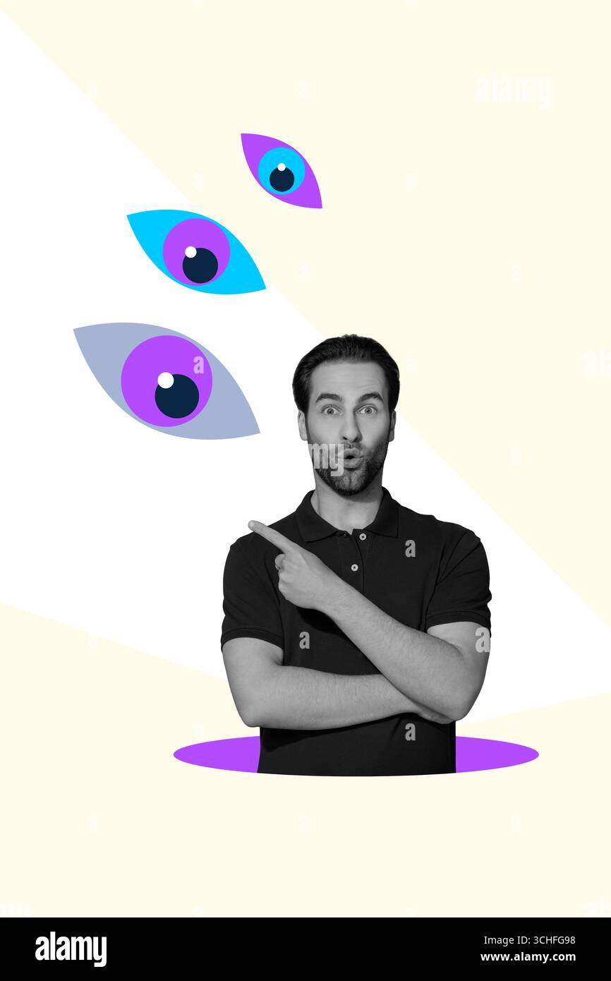 Zine vertical image trend collage of shocked guy point index finger ...