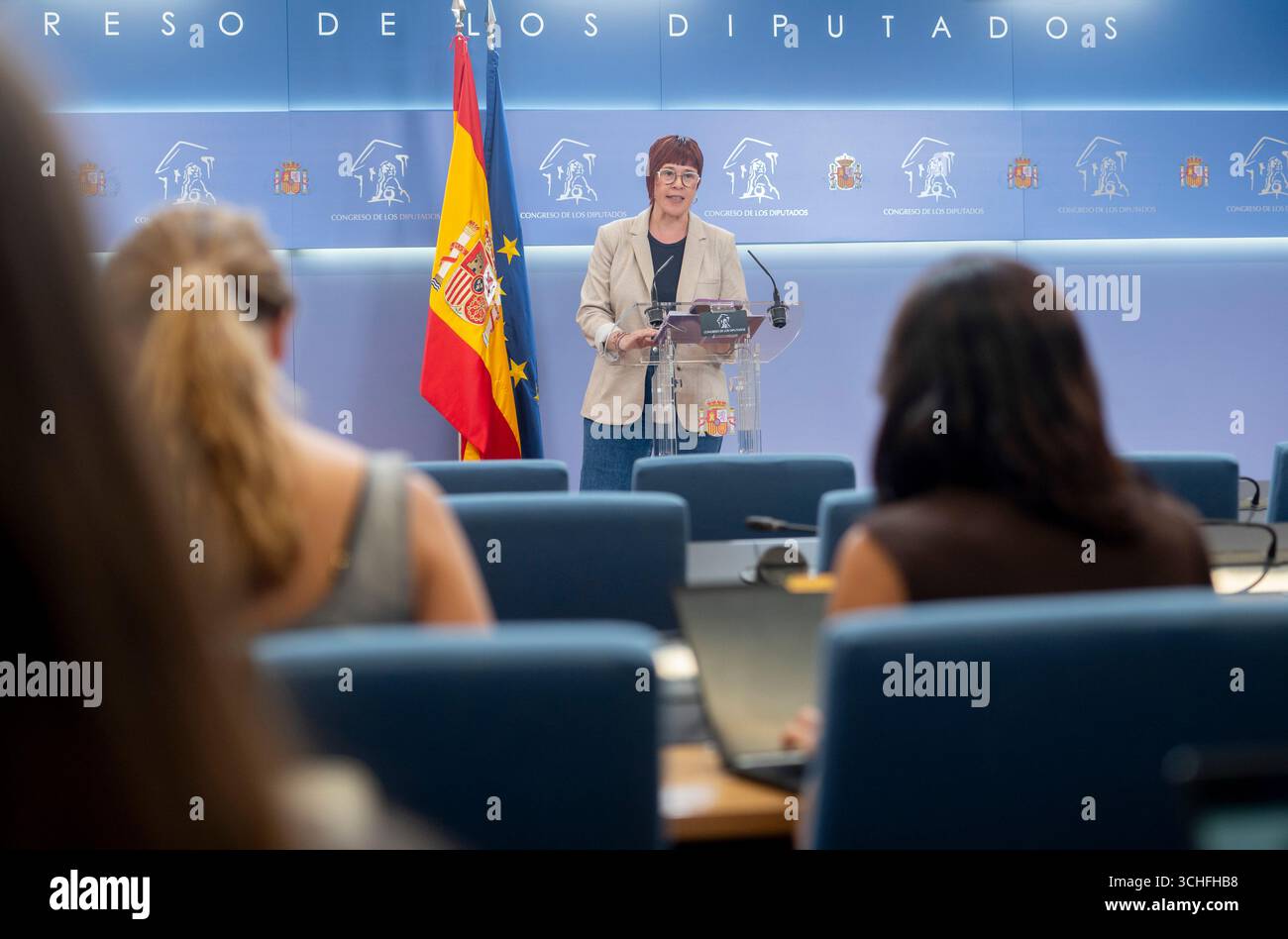 Sumar deputy Águeda Micó during a press conference prior to the Board ...