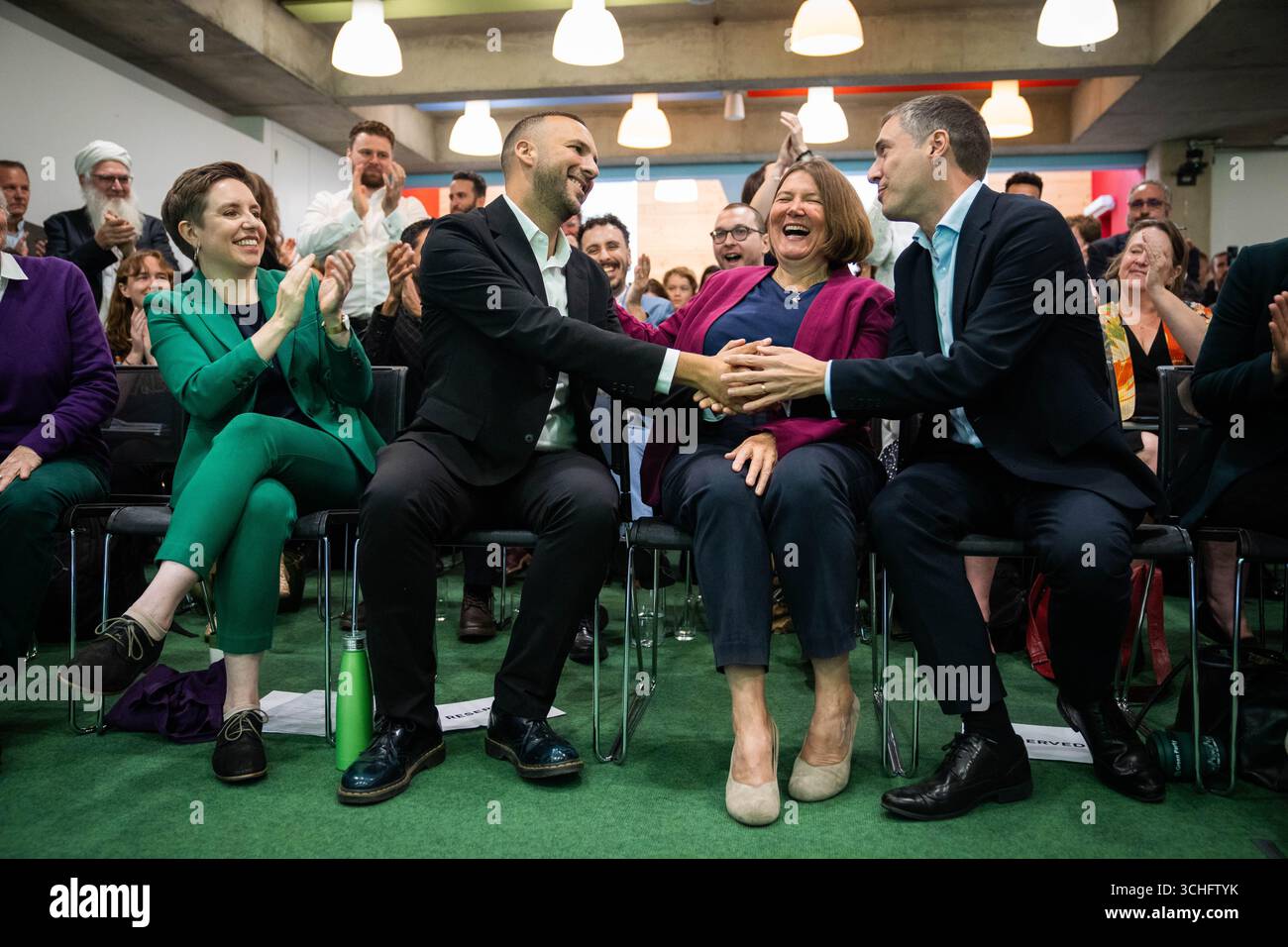 Zack Polanski (centre) celebrates after being announced as the new ...
