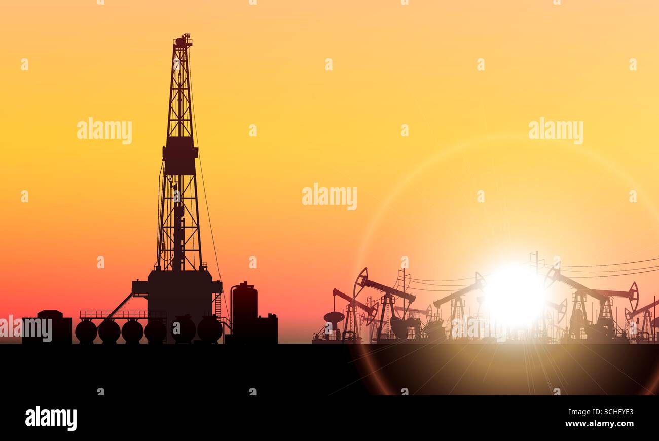 Land crude oil drilling rig, derrick, pumpjack. Oil field, pump jack ...