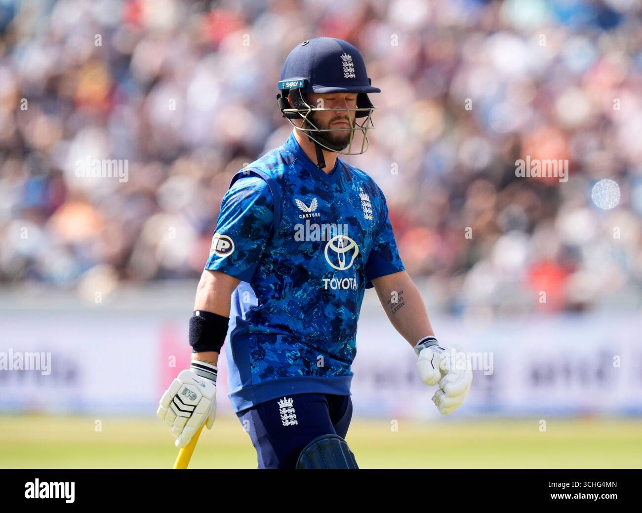 England's Ben Duckett walks of after being dismissed, bowled by South ...