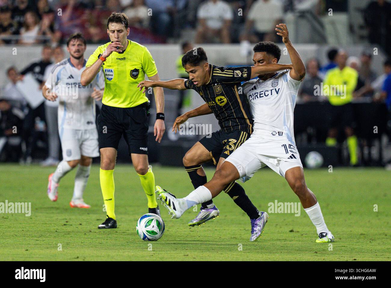 LAFC midfielder Frankie Amaya (23) fouls San Diego FC midfielder Pedro ...