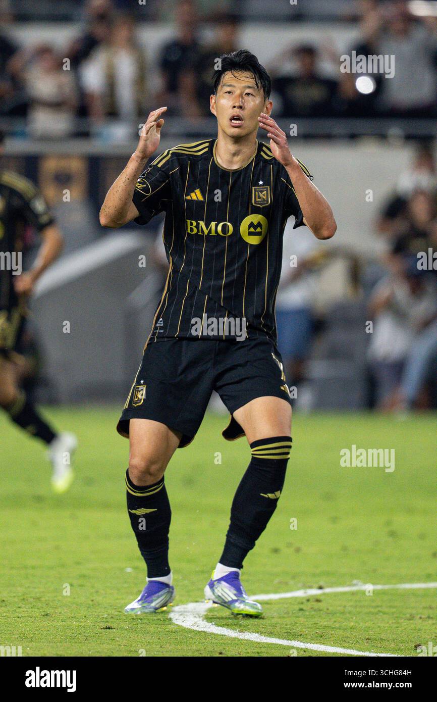 LAFC forward Son Heung-Min (7) reacts during a MLS match against San Diego FC, Sunday, August 31 ...