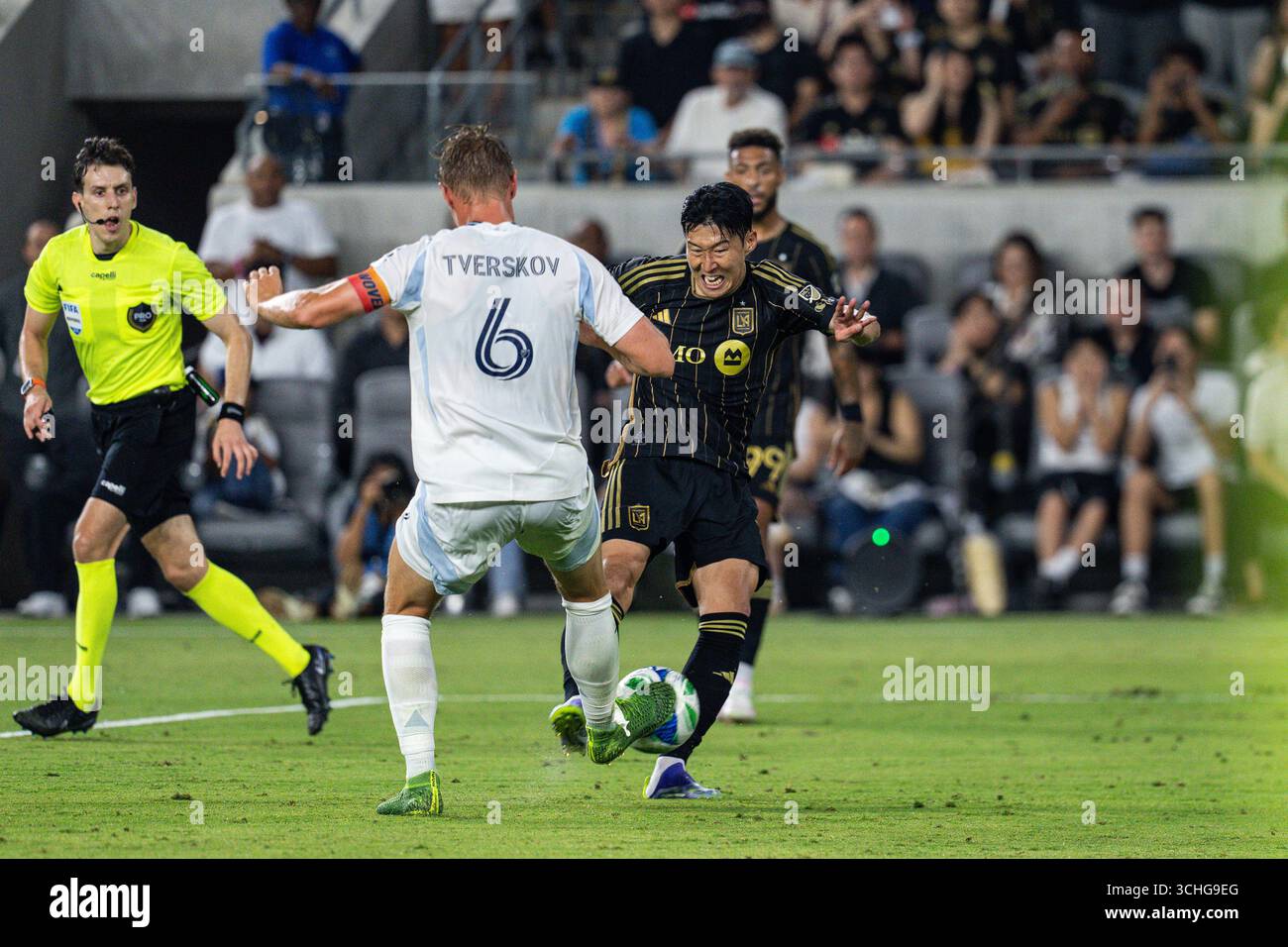 LAFC forward Son Heung-Min (7) has his shot blocked by San Diego FC defender Jeppe Tverskov (6 ...