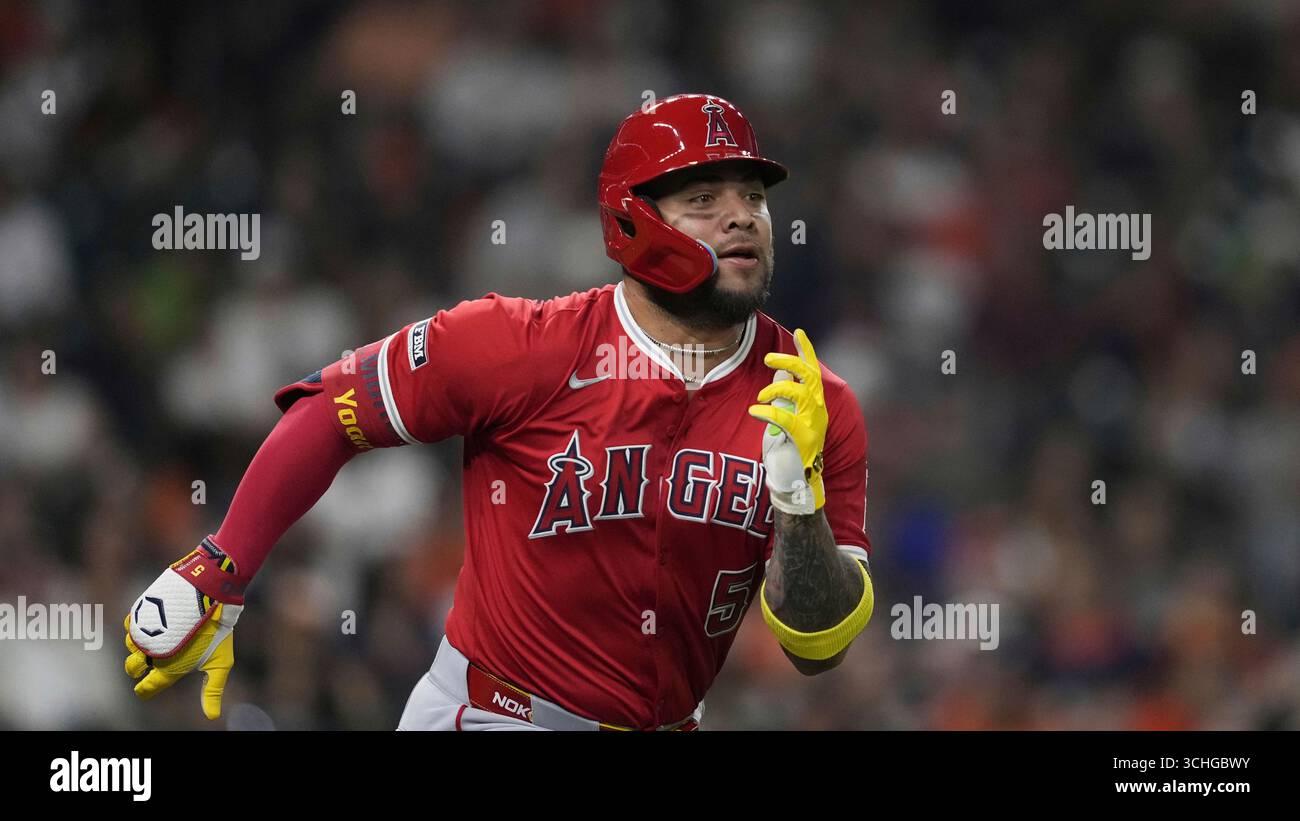 Los Angeles Angels' Yoan Moncada runs to first base during a baseball ...