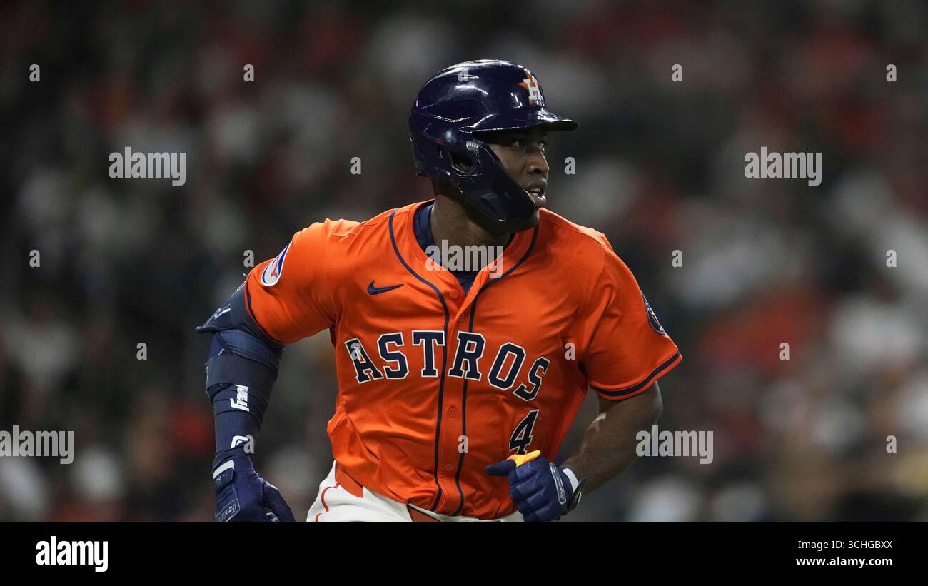 Houston Astros' Jesus Sanchez (4) runs to first during a baseball game ...