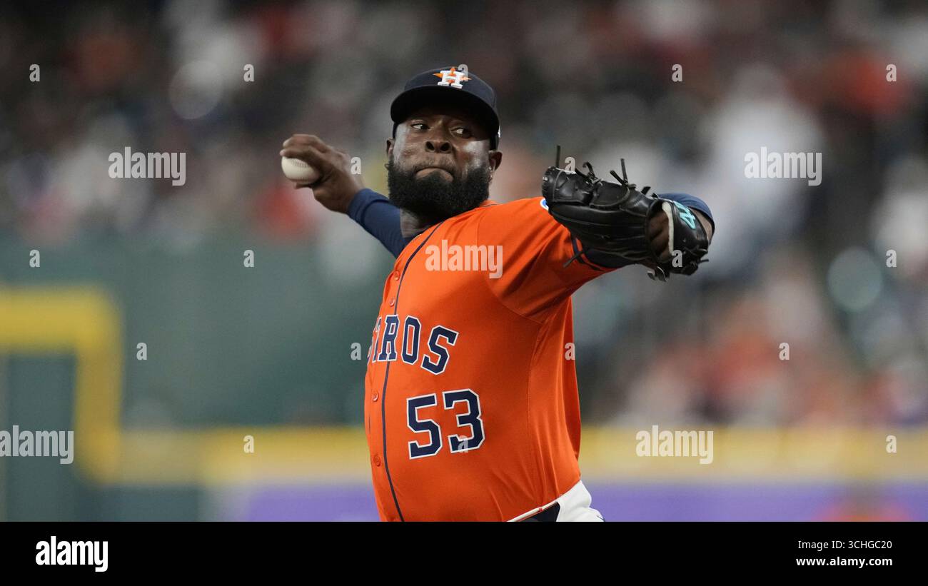 Houston Astros starting pitcher Cristian Javier (53) throws during a ...