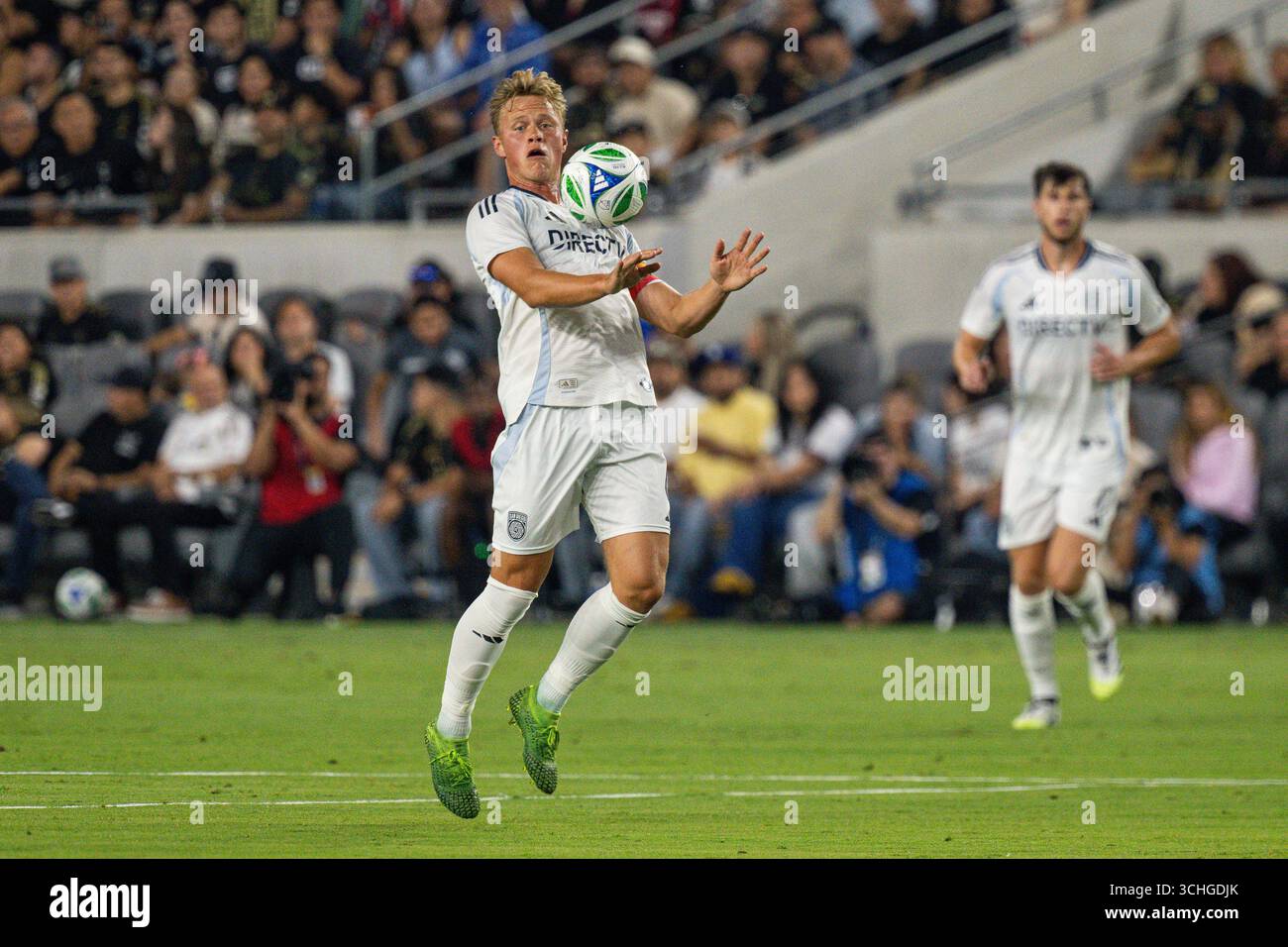 San Diego FC defender Jeppe Tverskov (6) gains possession during a MLS match against LAFC ...