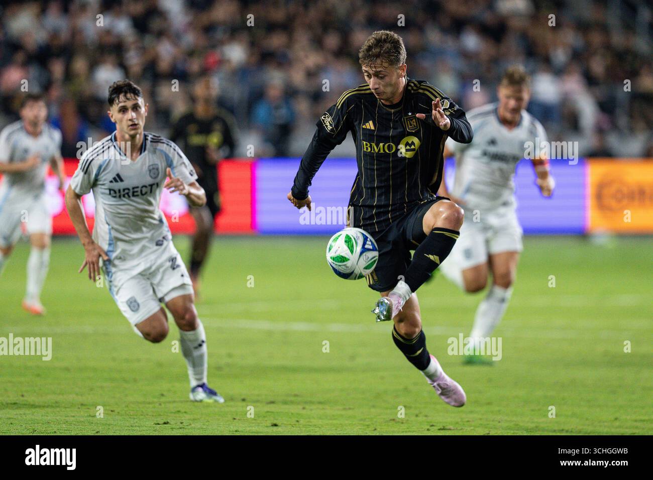 LAFC forward Nathan Ordaz (27) gains possession during a MLS match ...