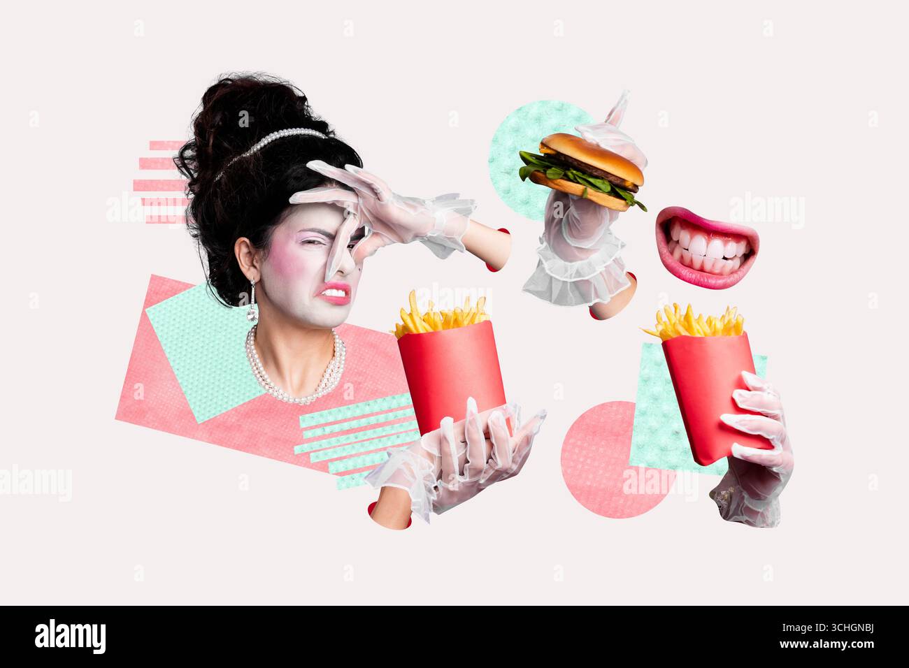 Composite 3d image collage of unhappy duchess girl hold cheeseburger ...