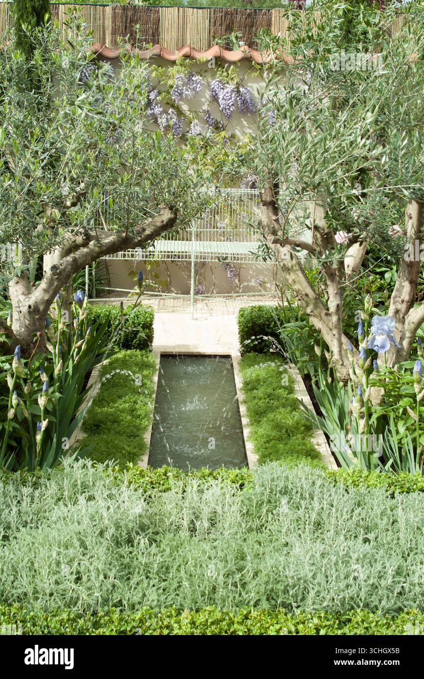 A peaceful garden displays vibrant flowers and cypress trees alongside ...