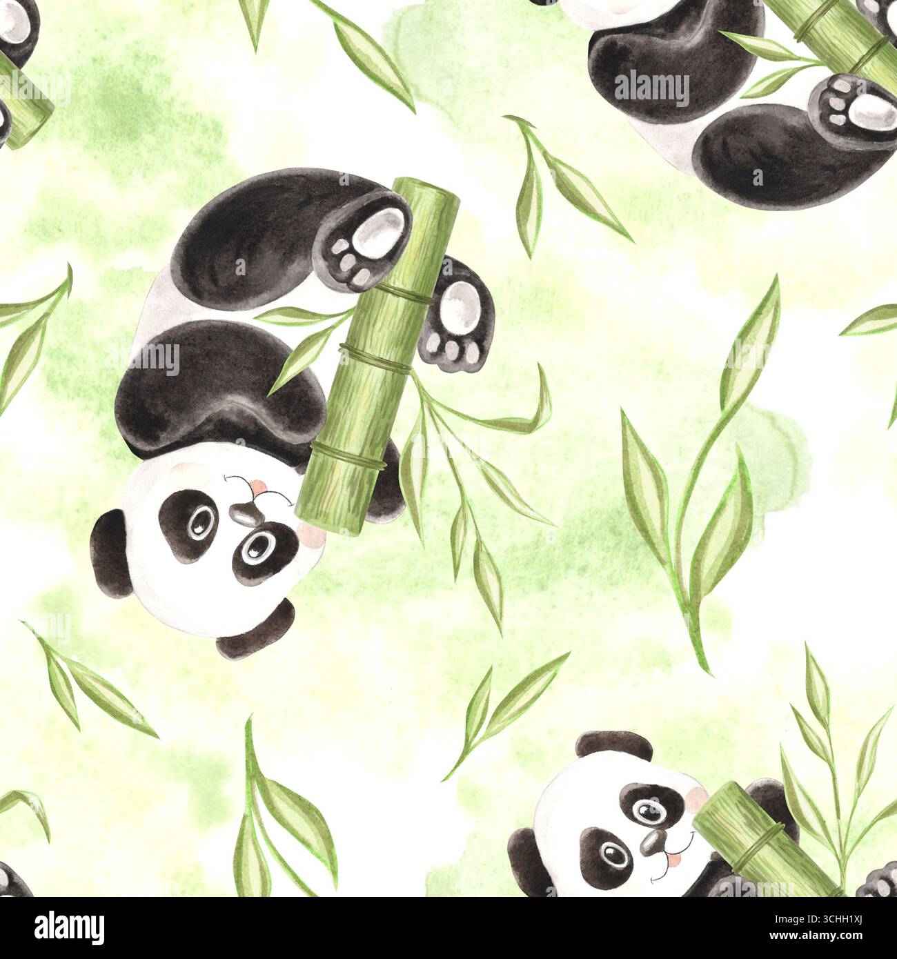 Cute baby pandas with green bamboo watercolor seamless pattern for kids ...