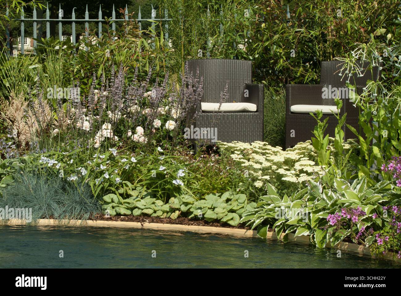 Relaxing seating area near a serene pool, surrounded by lush green ...