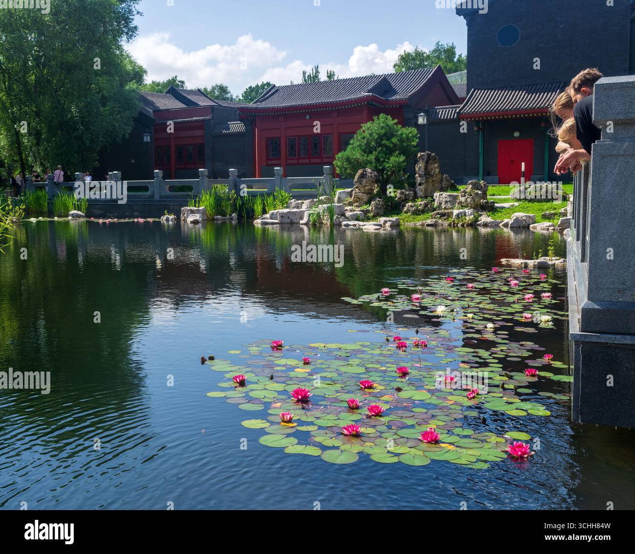 Moscow, Russia - July 22, 2025: chinese traditional house and pond with ...