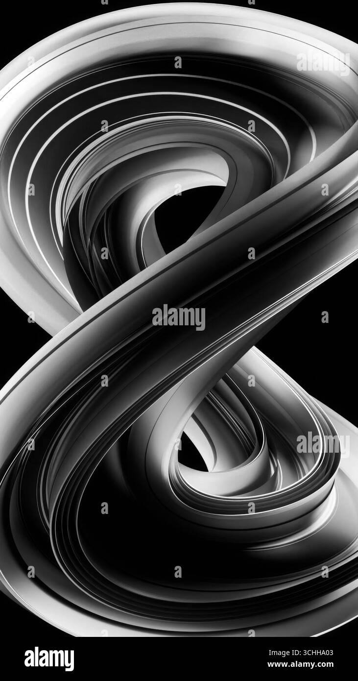 An abstract black and white 3D artwork featuring twisted ribbon-like ...