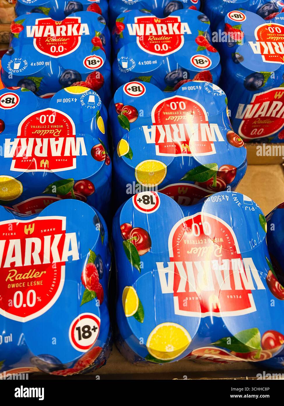 Tyczyn, Poland - August 22, 2025: A collection of Warka beer beverage ...