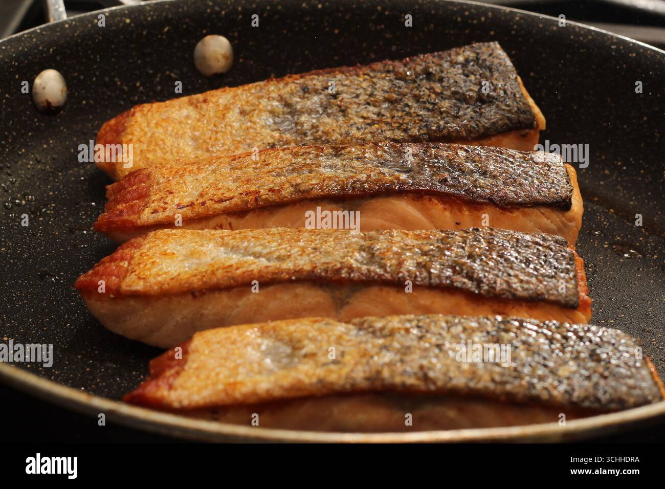 Closeup of Seared Salmon Fillets Skin Side Up Stock Photo - Alamy