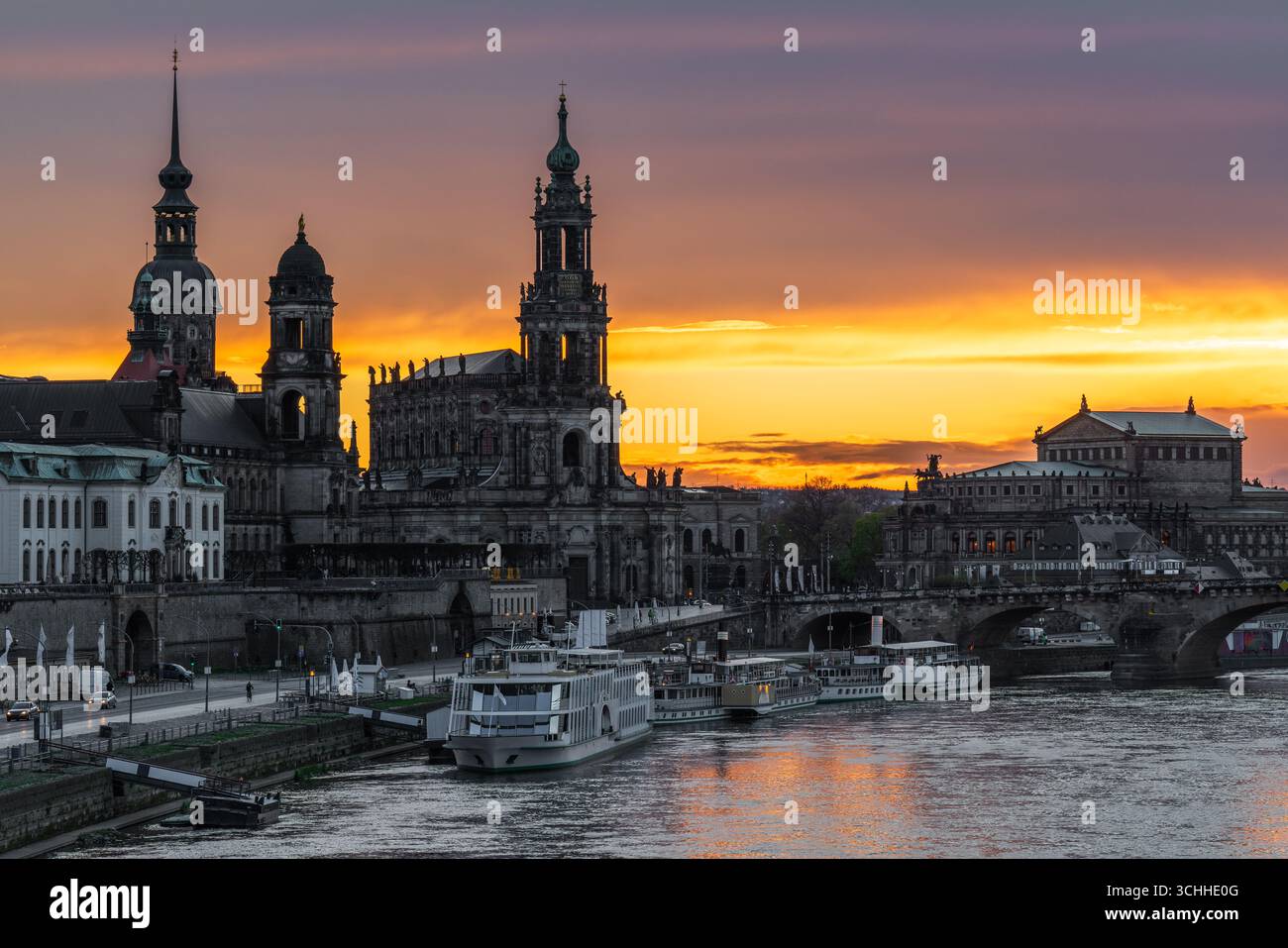 Panoramic view of Dresden at sunset with historic buildings and warm ...