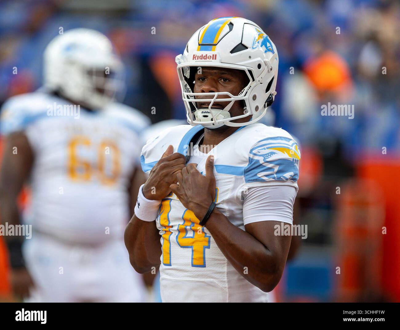 LIU Brooklyn quarterback Ethan Greenwood (14) warms up before an NCAA ...
