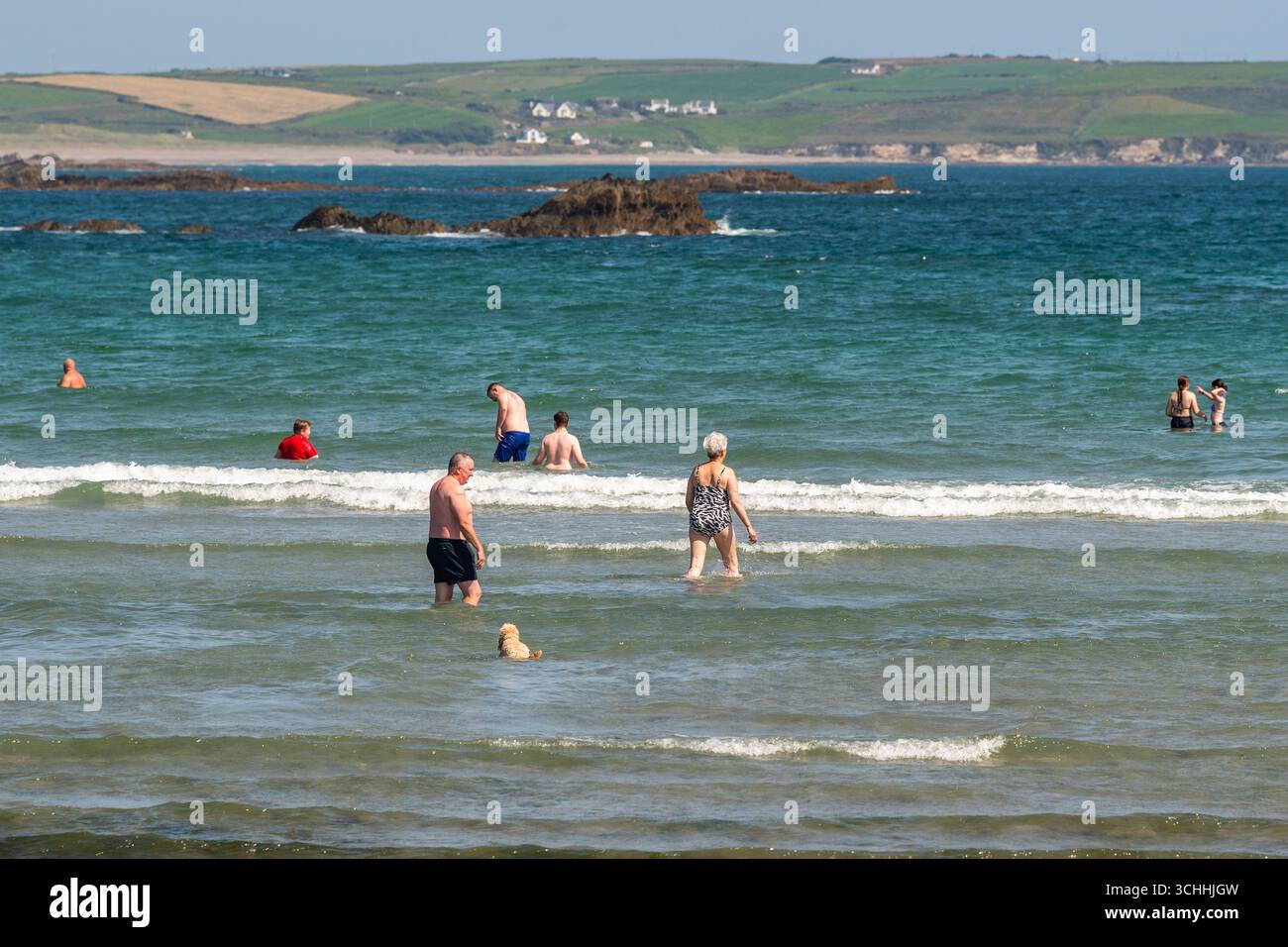 People in the sea on a hot and sunny day at The Warren Beach, West Cork ...