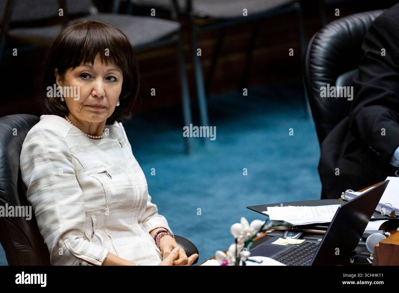 State Sen. Donna Mercado Kim, D-Honolulu, listens to a speech during a floor session at the ...