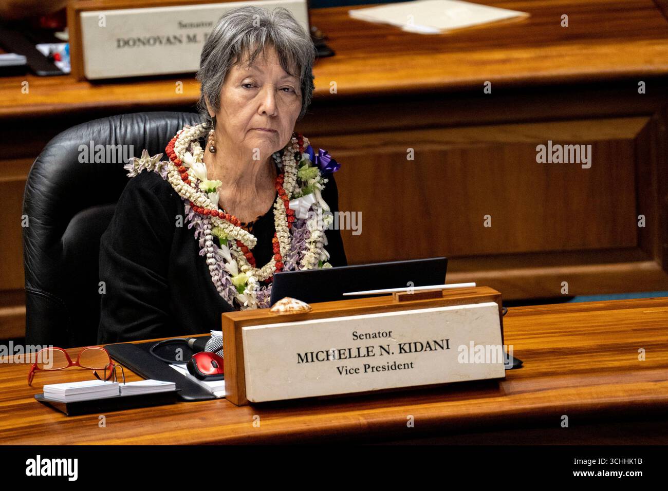 State Sen. Michelle Kidani, D-Waipahu, looks on as a colleague speaks at the state Capitol ...