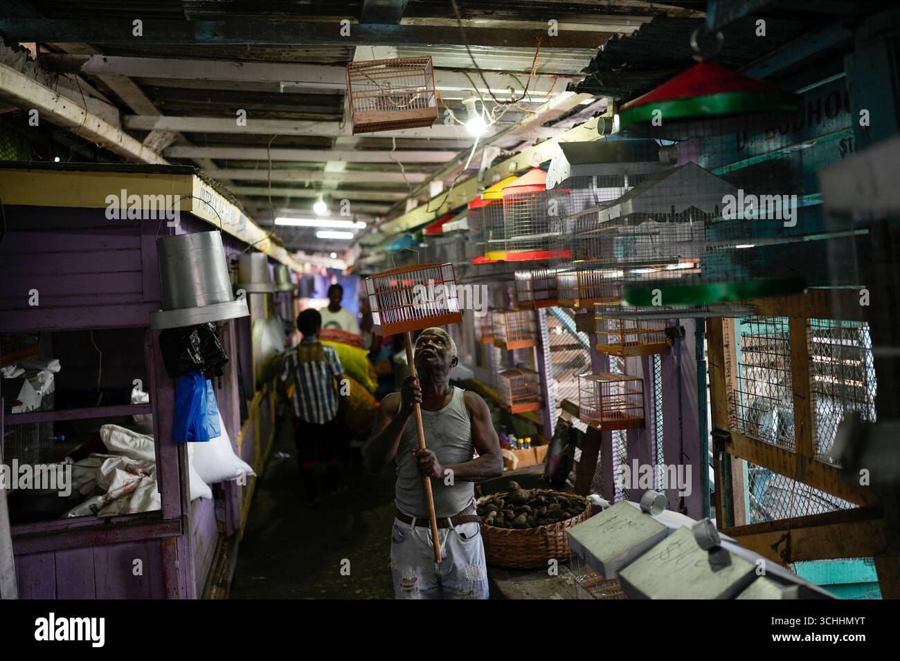 A vendor hangs bird cages for sale at the Stabroek Market in Georgetown ...