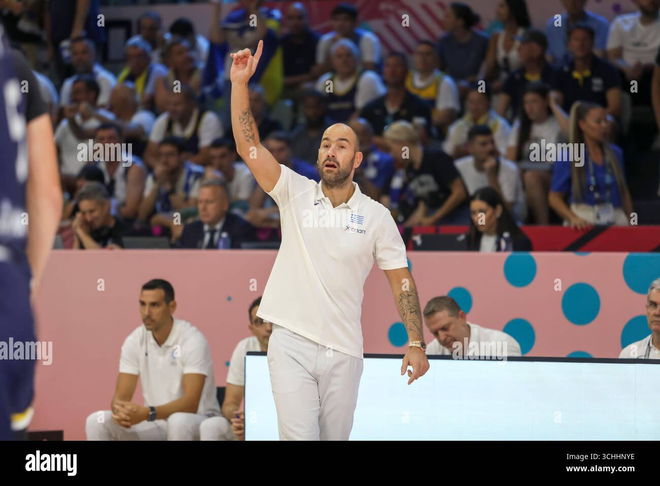 Greece head coach VASILEIOS SPANOULIS is seen during the game. Greece ...