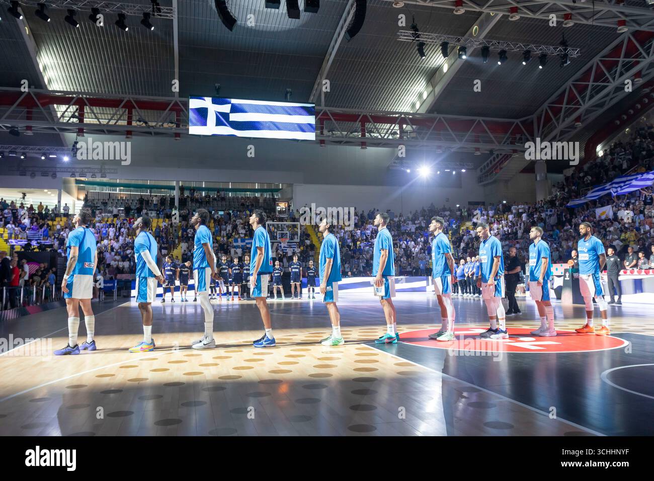 Greece team is seen during the National Anthem before the game. Greece ...