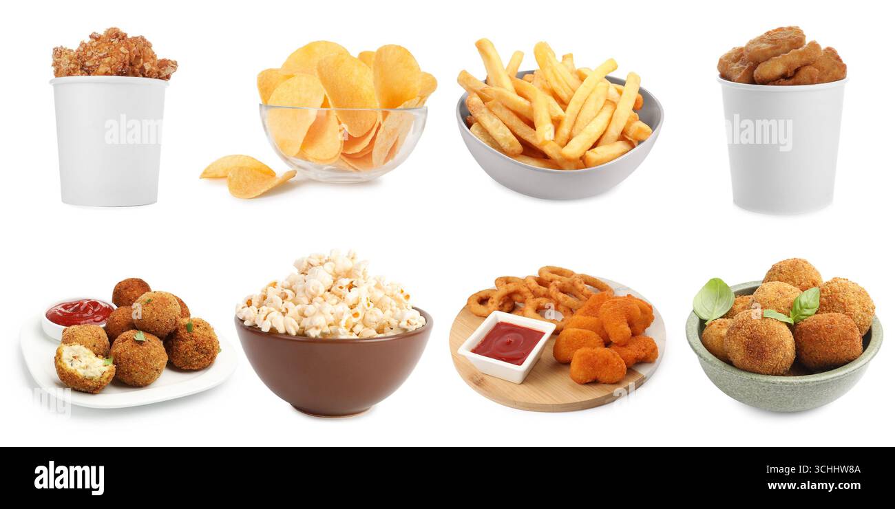Collection of different foods with crispy texture on white background ...