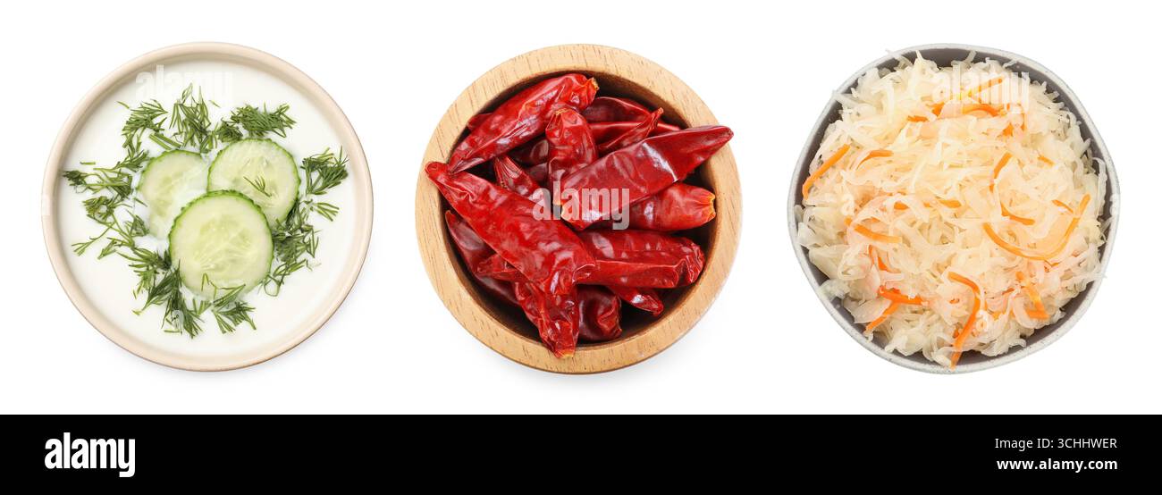 Foods with sour or tangy taste isolated on white, set. Top view Stock ...