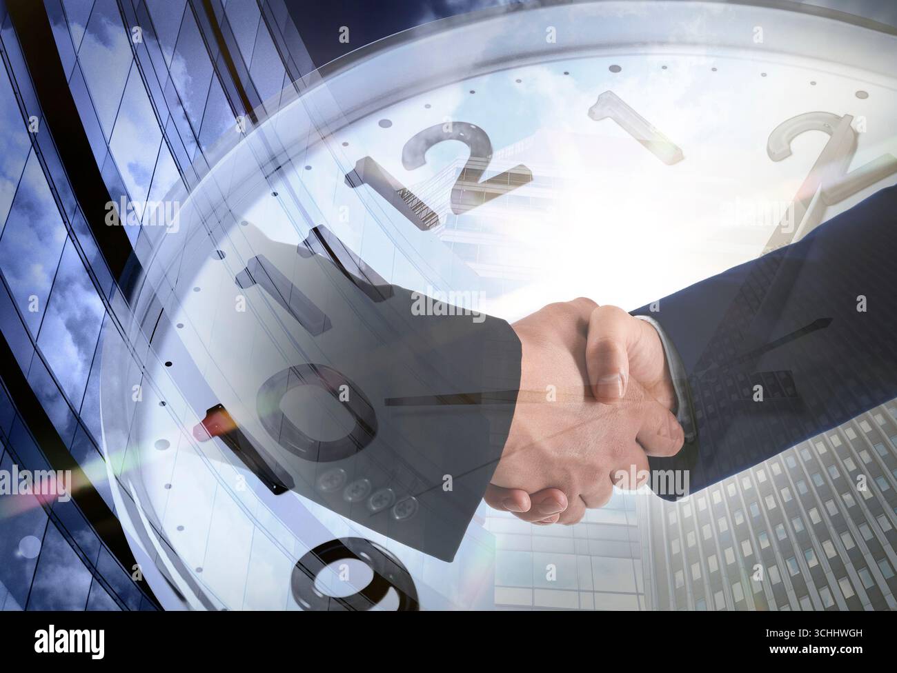Business people shaking hands, multiple exposure with buildings and clock. Success in ...