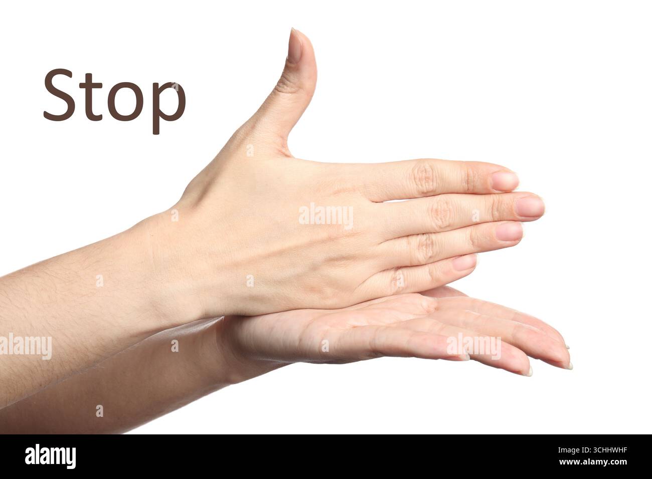 Woman showing word Stop on white background, closeup. Sign language ...