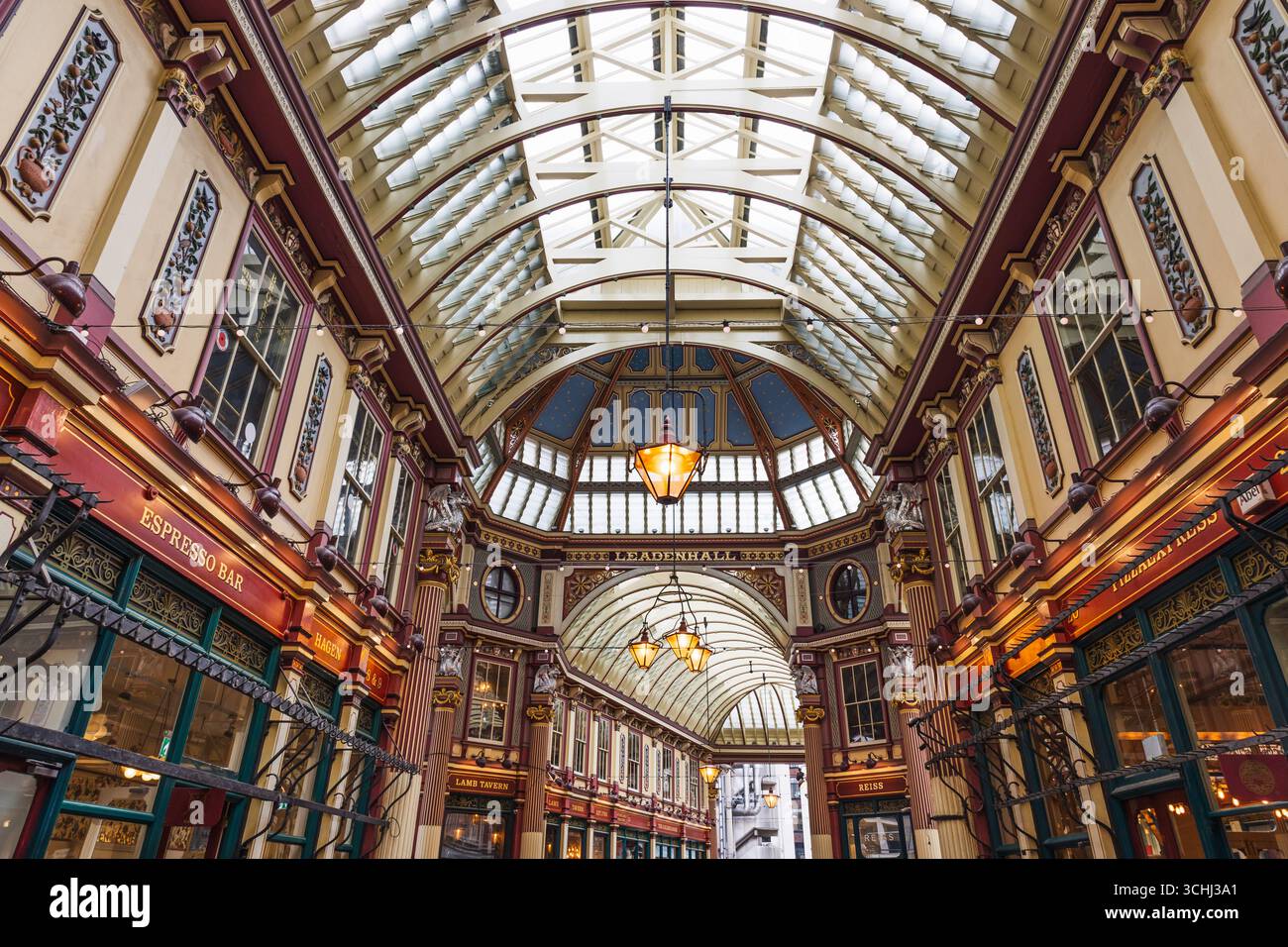 Leadenhall Market interior, Victorian glass roof arcade with lanterns ...