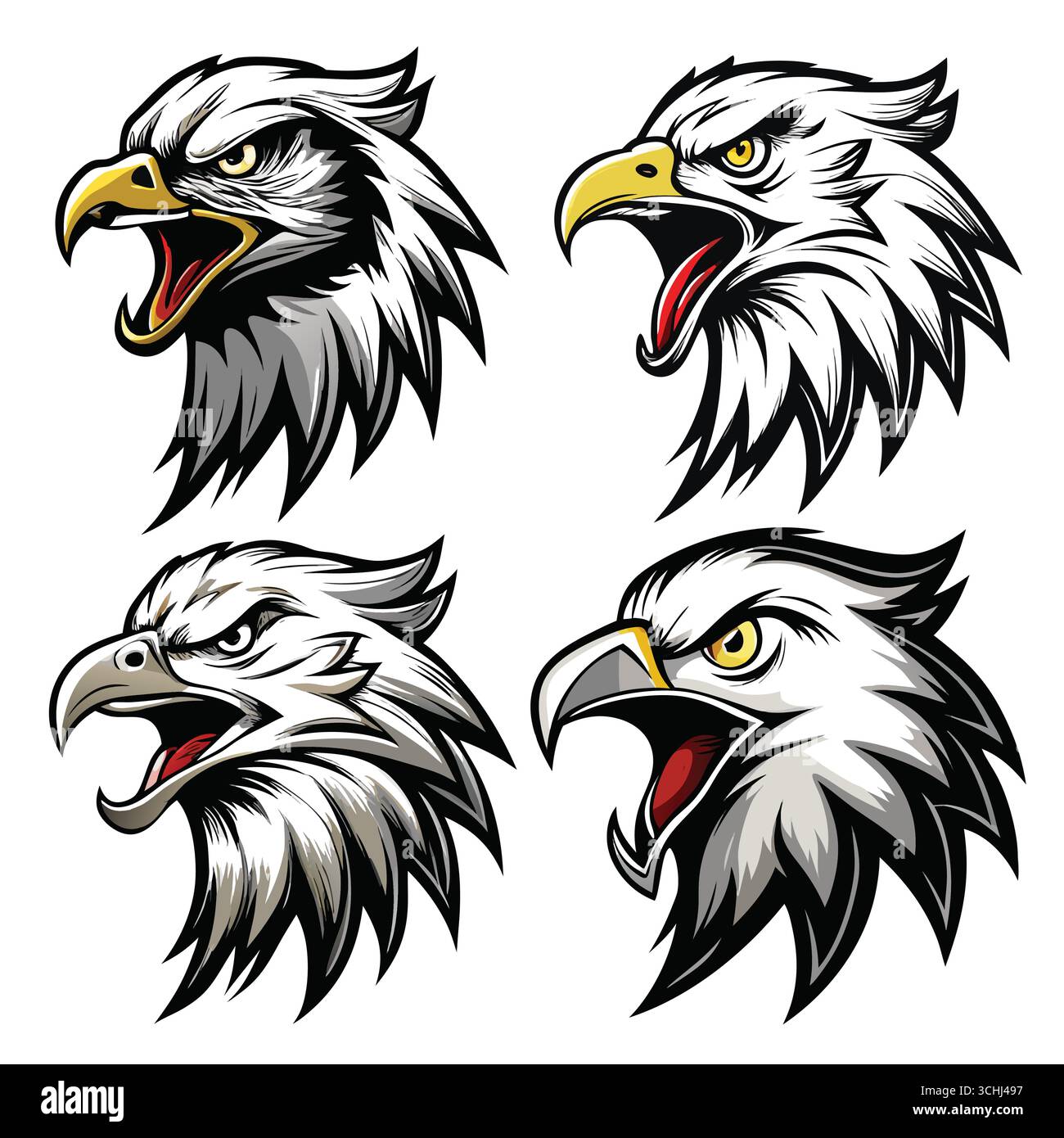 Eagle heads with detailed feathers and sharp beaks isolated on white ...