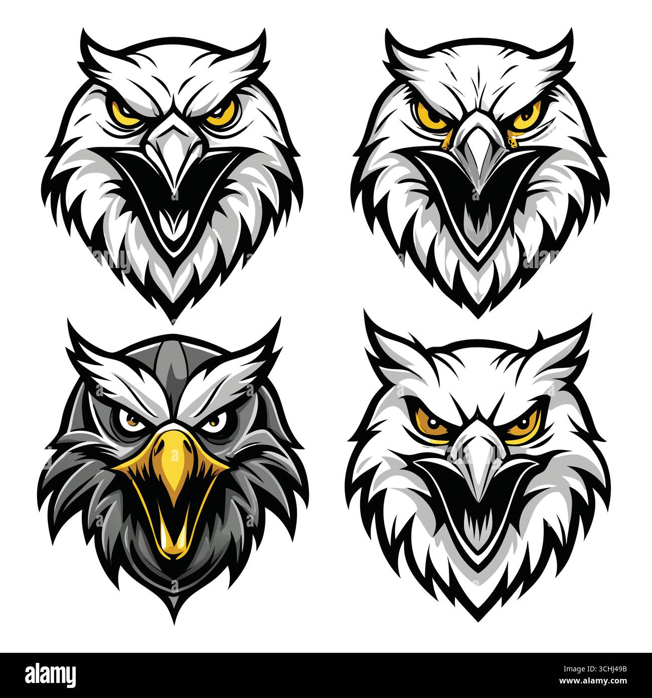 Eagle heads with detailed feathers and sharp beaks isolated on white ...