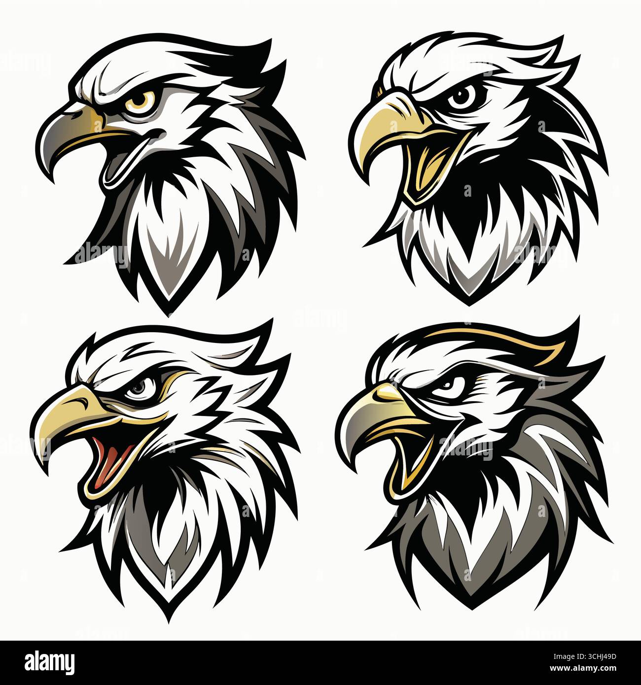 Eagle heads with detailed feathers and sharp beaks isolated on white ...