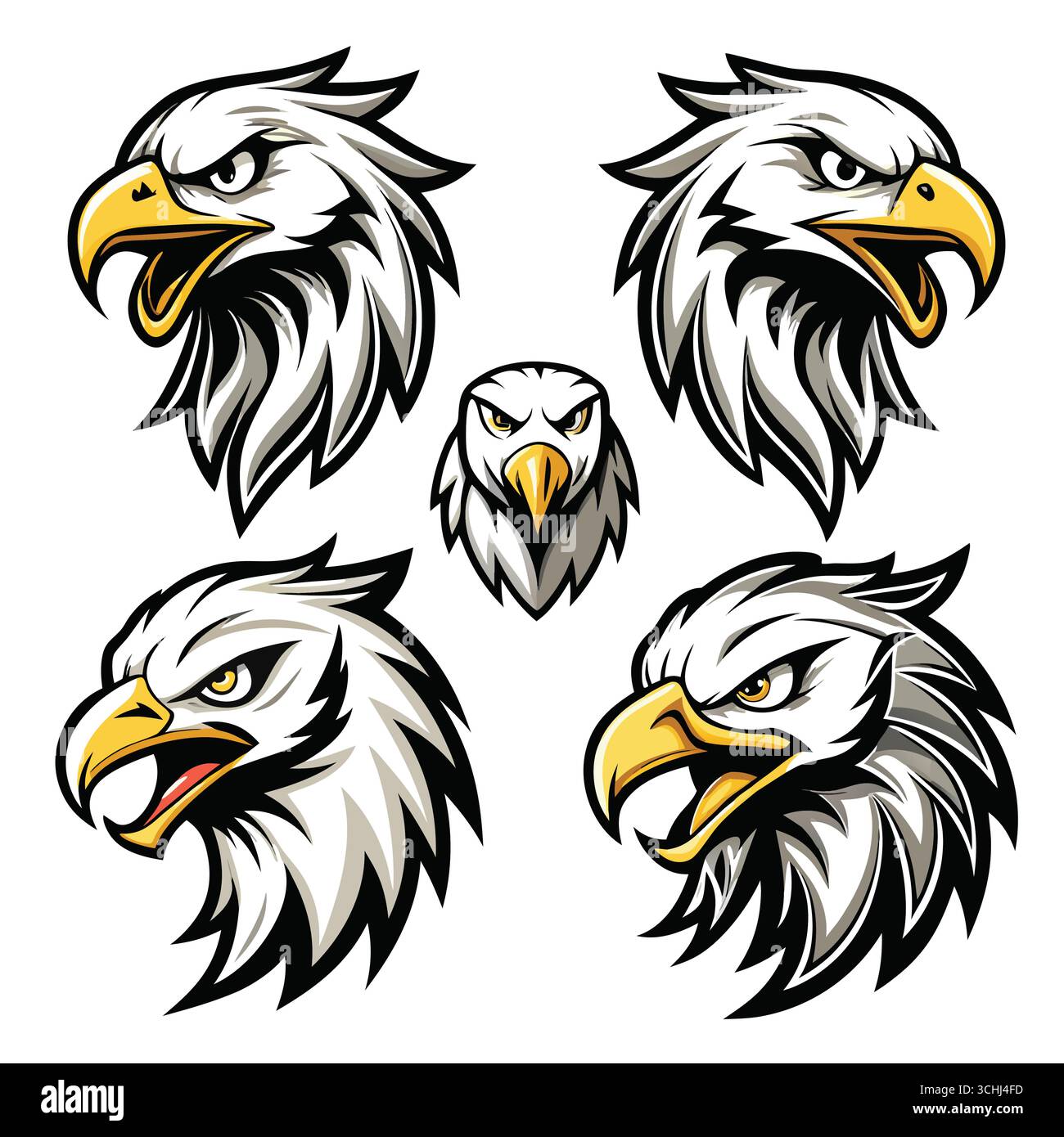 Eagle heads with detailed feathers and sharp beaks isolated on white ...