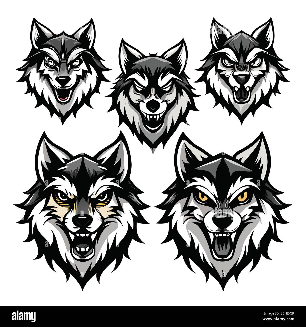 Collection of five detailed wolf head illustrations showing different ...