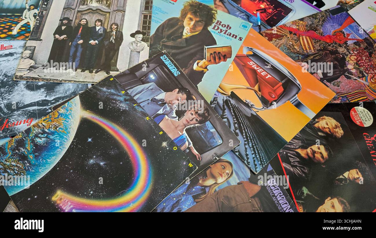 Collection of vintage LP vinyl records with sleeves from various famous ...