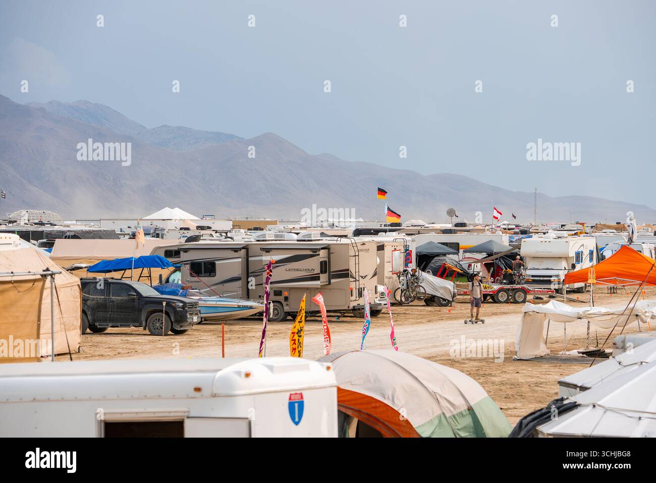 Campsite with RVs, Tents, and Flags at Burning Man Festival 2025 Stock ...