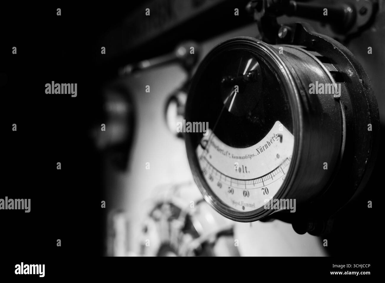 Black and white close-up photograph of vintage electrical control panel ...